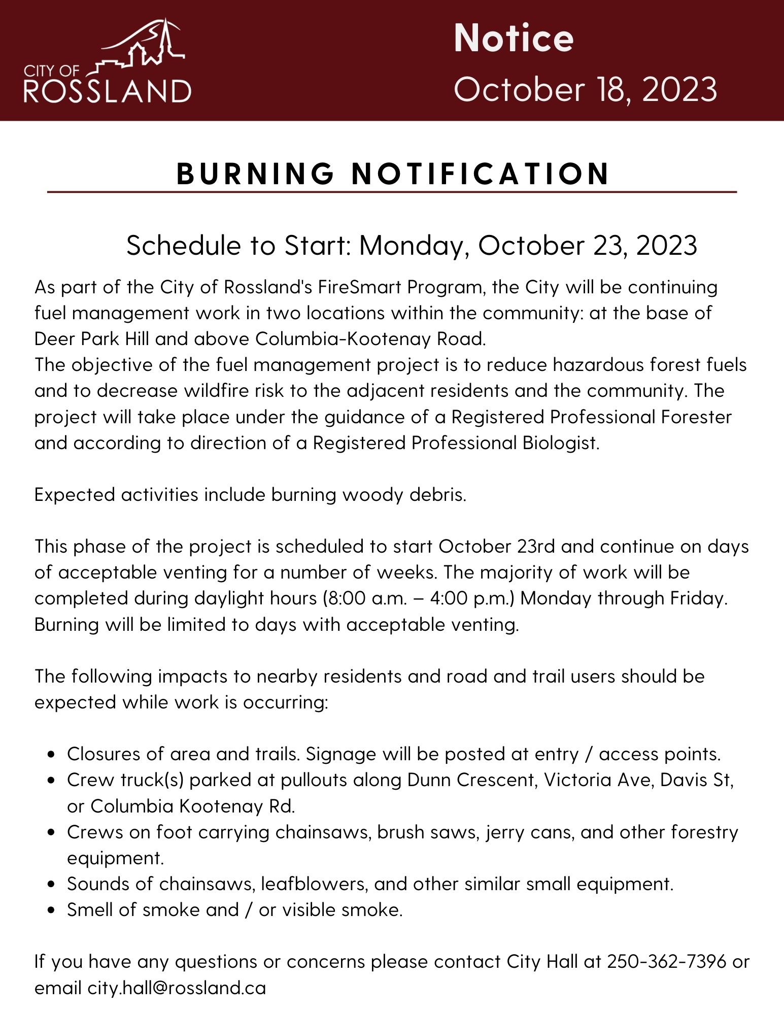 Notice – Burning Notification – Rossland