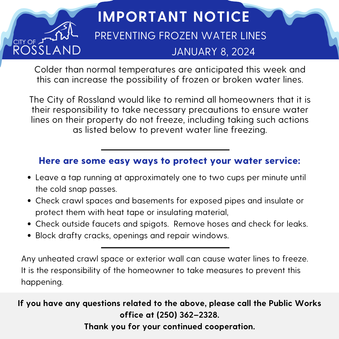 Important Notice – Prevent Frozen Water Lines – Rossland