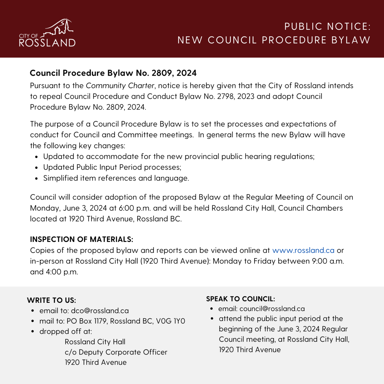 Public Notice – New Council Procedure Bylaw – Rossland
