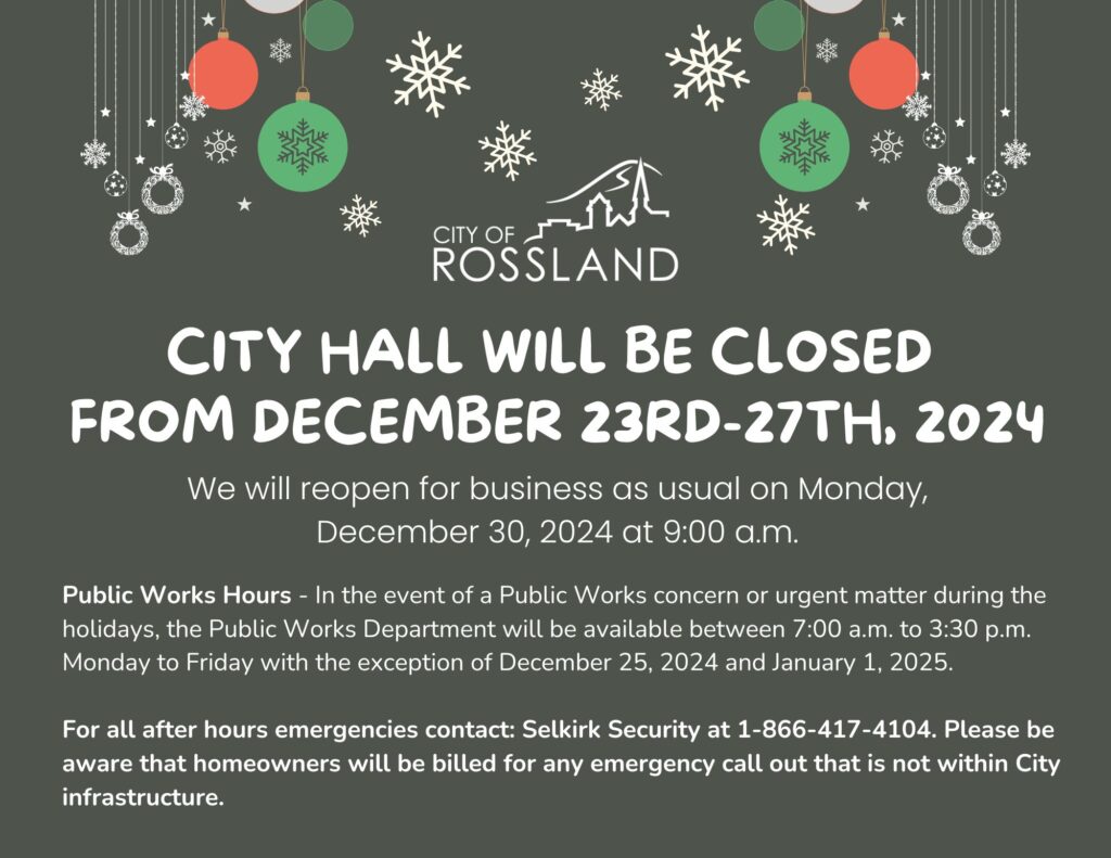 Notice – Winter Holiday Closure at City Hall – Rossland