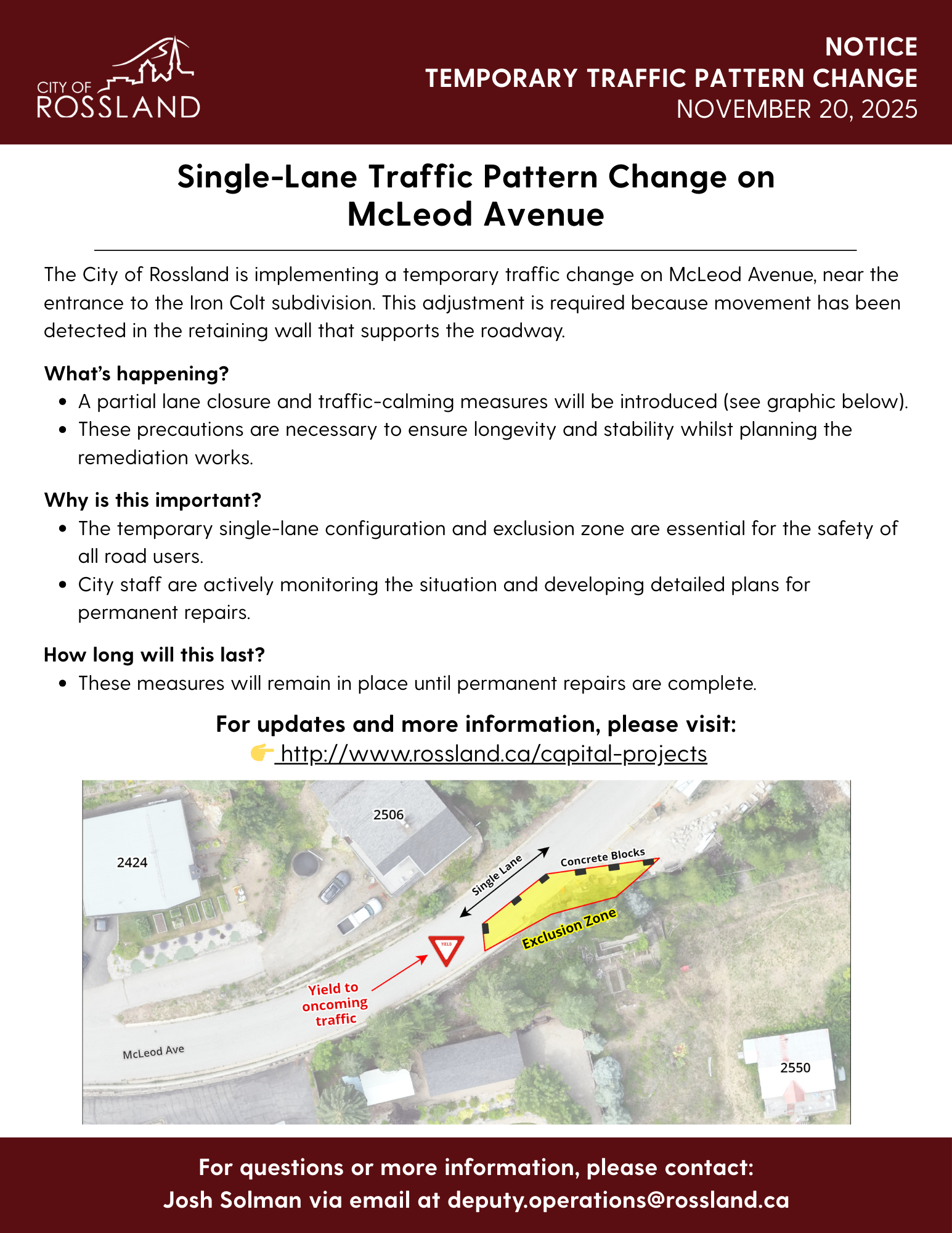 Notice: Single-Lane Traffic Pattern Change on McLeod Avenue – Rossland